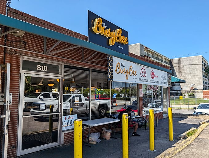 The unassuming brick exterior of Busy Bee Café hides Atlanta's soul food treasure – proof that the best things in life don't need flashy advertising.