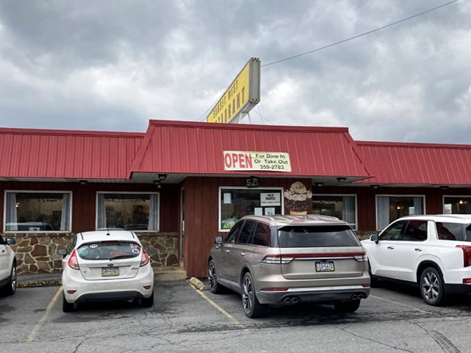 The bright yellow sign against the red roof is like a beacon for hungry travelers – Pennsylvania's version of "follow the yellow brick road."