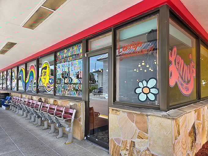 The yellow and red exterior of Lenny's stands like a breakfast beacon in Clearwater, promising comfort food salvation to hungry souls at any hour.
