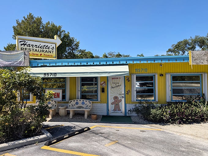The sunshine-yellow exterior of Harriette's isn't just a building—it's a promise of the cheerful experience waiting inside this beloved Key Largo institution.