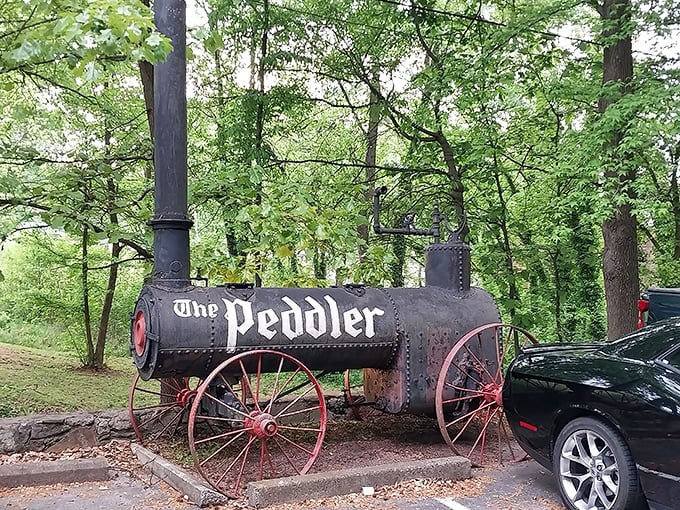 The vintage smoker cart outside The Peddler announces your arrival to steak paradise with old-school charm. Like a culinary time machine beckoning hungry travelers.