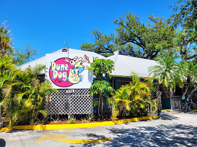 The tropical paradise of Dune Dog Cafe beckons with its vibrant surfing dog logo and lush palm fronds—Florida casual dining at its most authentic.
