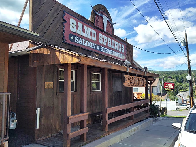 This weathered Western facade promises culinary adventures that would make any cowpoke abandon the trail for dinner.