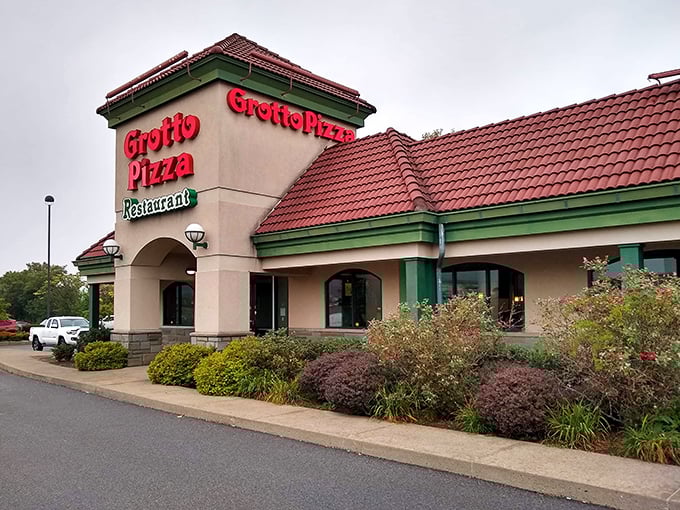 Mediterranean meets Northeastern PA with this welcoming façade—red tile roof and beige exterior promising comfort food paradise inside.