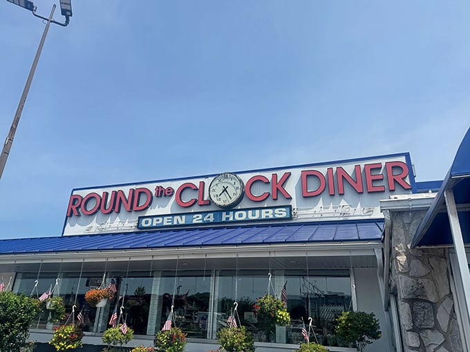 The blue-roofed beacon of breakfast bliss stands proudly on Route 30, promising 24-hour comfort that's worth setting your alarm for—or ignoring it completely.