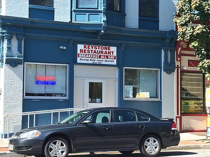 The blue facade of Keystone Restaurant stands like a beacon of breakfast hope in Harrisburg, promising "BREAKFAST ALL DAY" – four words that should be on Pennsylvania's state flag.