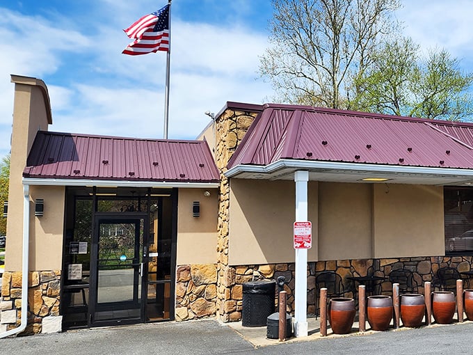 Sunlight bathes the entrance where decorative pottery stands guard. This isn't just a diner—it's a temple of breakfast devotion.