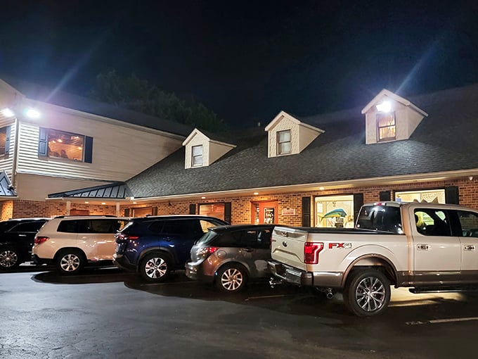 Feby's Fishery at night is like a lighthouse for hungry sailors—warm windows glowing with promise against the dark Delaware sky.