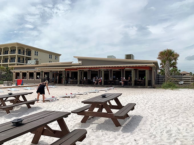 Paradise found! Surf Hut's beachfront setting offers the rare dining experience where wooden picnic tables sink into sugar-white sand, making "dinner with a view" seem like an understatement.