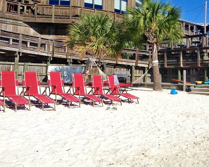Those iconic red beach chairs aren't just for show—they're your front-row seats to the Gulf's greatest performance while you wait for your table.