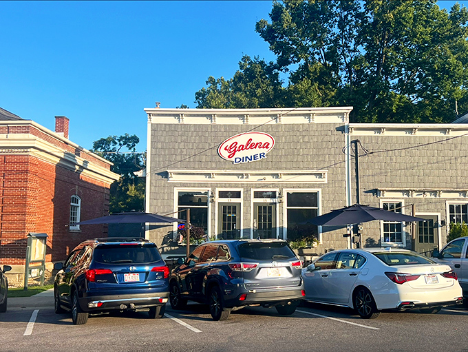 The unassuming exterior of Galena Diner beckons with its classic red and white sign—proof that breakfast treasures often hide in plain sight.