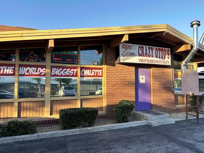 The purple door and bold claim of "World's Biggest Omelette" aren't just marketing—they're promises Crazy Otto's keeps with every plate that emerges from the kitchen.
