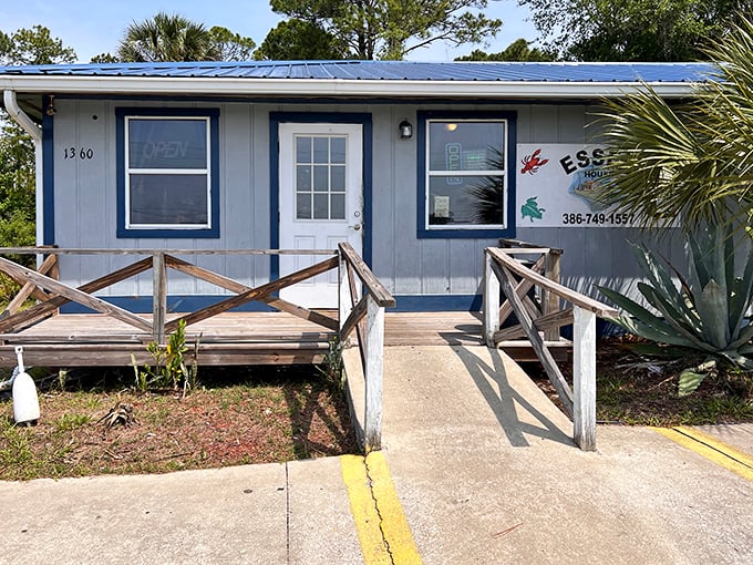 The unassuming blue exterior of Essex Seafood House hides culinary treasures within—proof that in Florida, seafood paradise doesn't always wear fancy clothes.
