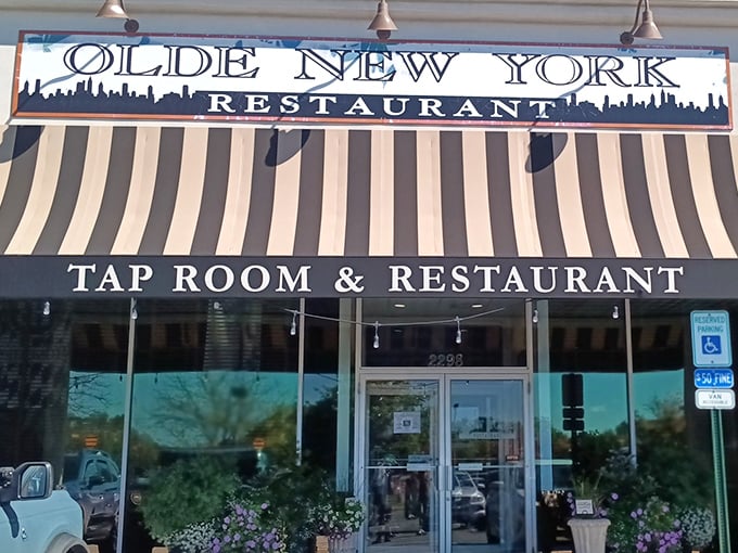 The classic striped awning and vintage signage of Olde New York isn't just inviting—it's practically waving you in for pierogies and good times.
