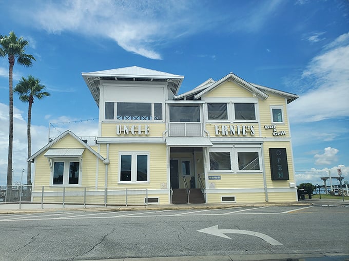 That cheerful yellow exterior isn't just a building—it's a beacon of culinary promise standing proudly against Florida's blue sky.