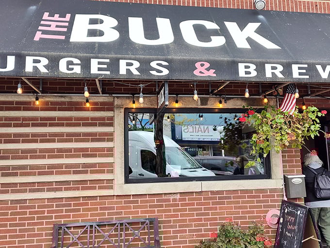 Downtown St. Joseph's culinary beacon stands proud with its no-nonsense signage. The string lights hint at the warm welcome waiting inside this burger paradise.