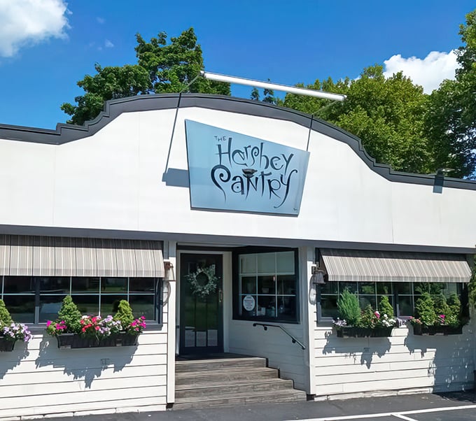 The welcoming facade of The Hershey Pantry, where breakfast dreams come true beneath the whimsical curved sign.