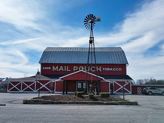 The iconic Mail Pouch Tobacco advertisement adorns this classic red barn, standing tall against the Ohio sky like a beacon for hungry travelers.