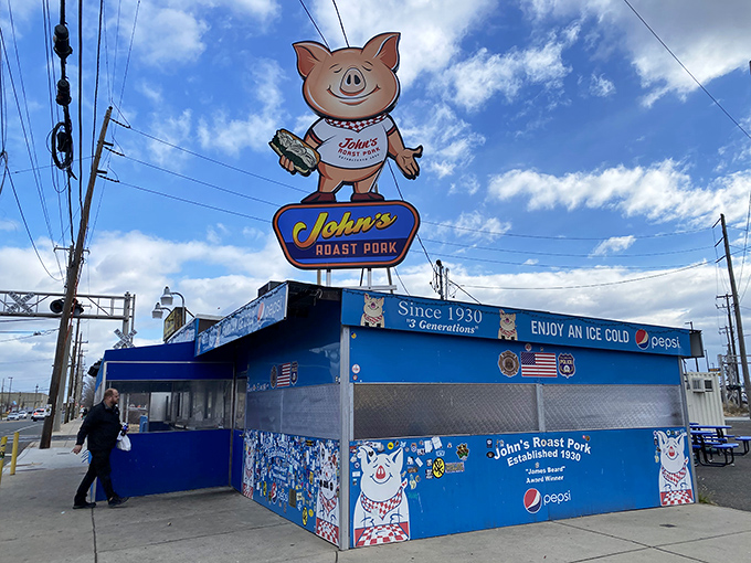 That cheerful pig mascot isn't just decoration – it's practically guaranteeing the sandwich magic happening below.