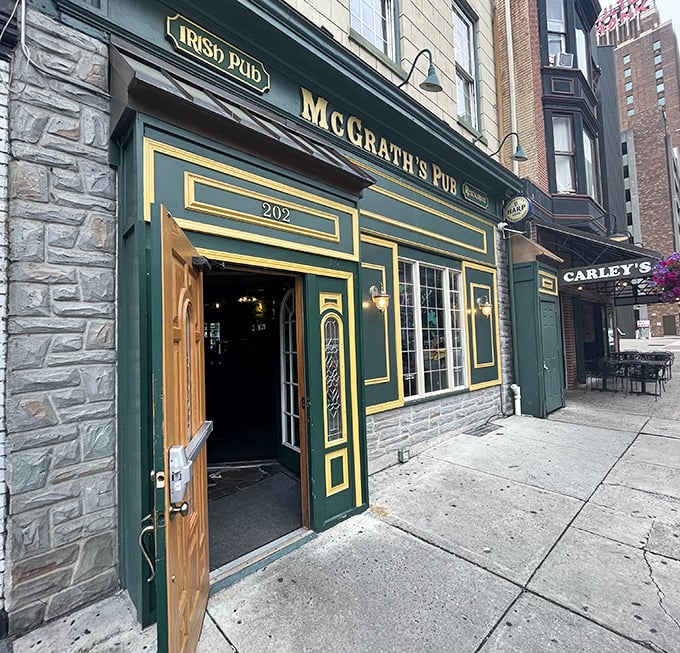 The emerald guardian of Harrisburg's culinary secrets stands proudly on Locust Street, its gold-trimmed facade promising authentic Irish comfort within.
