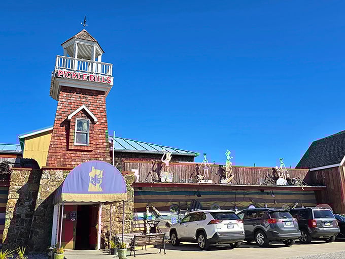 The iconic blue awning of Pickle Bill's welcomes seafood pilgrims like a maritime beacon. This unassuming exterior houses treasures that would make Neptune himself jealous.