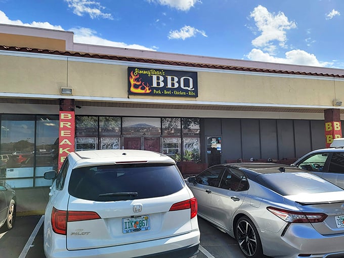Jimmy Bear's BBQ storefront beckons from its unassuming strip mall location, proving once again that the best barbecue treasures often hide in plain sight.