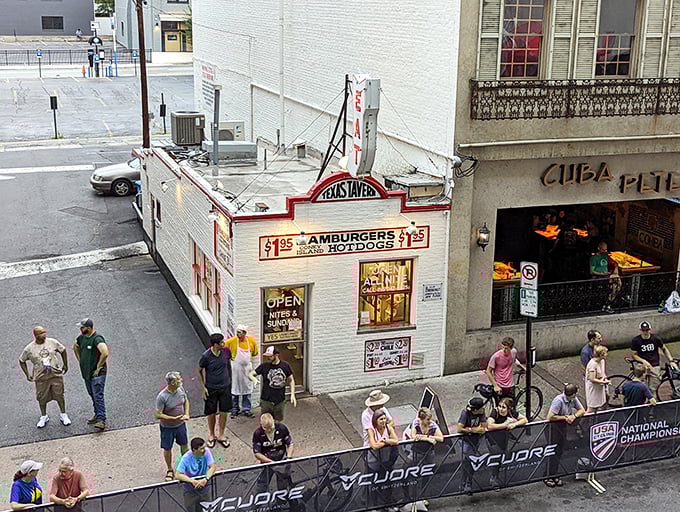 The iconic white exterior of Texas Tavern stands like a time capsule in downtown Roanoke, beckoning hungry visitors with its vintage charm.