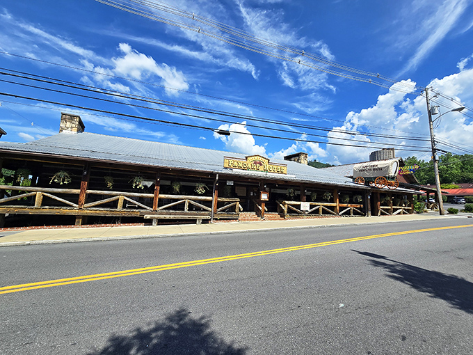 The quintessential Smoky Mountain welcome! Log Cabin Pancake House stands proudly on Airport Road, its rustic exterior promising comfort food that'll make your soul sing.