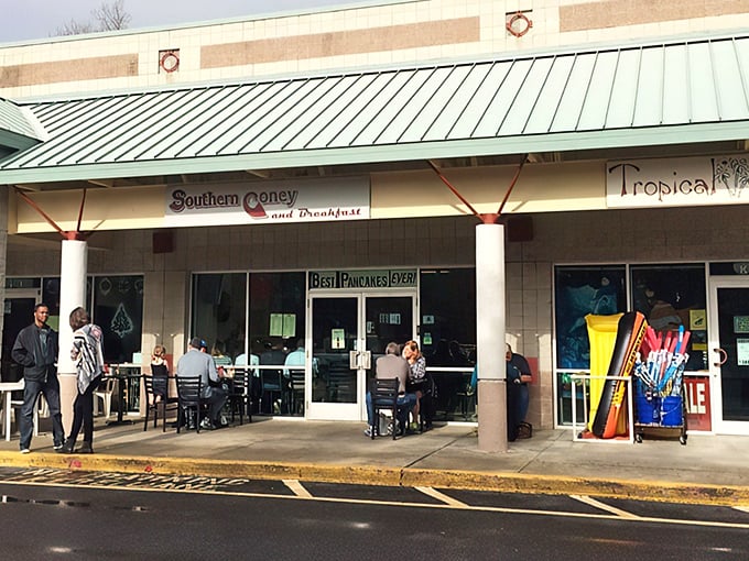 The storefront promises big flavors in a humble package, with outdoor seating that locals claim first on sunny mornings.