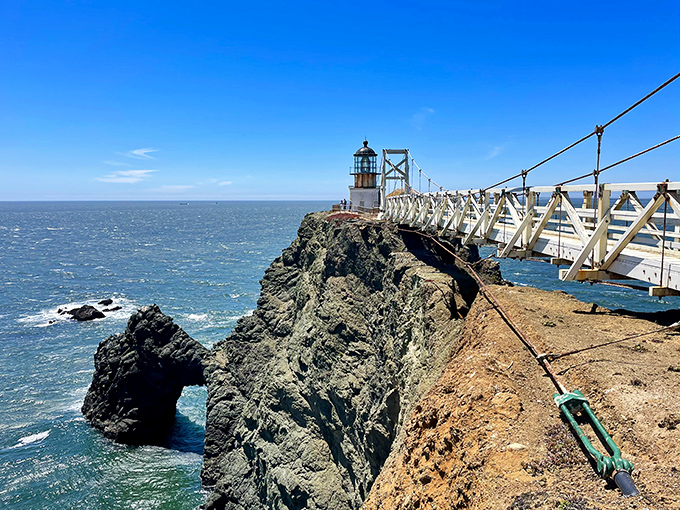 This lighthouse looks like it was painted by someone who really understood drama and coastal real estate.