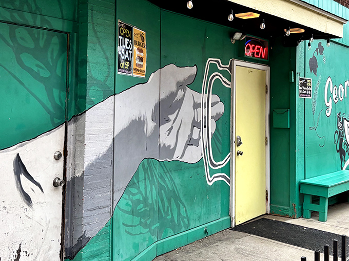 The unmistakable turquoise exterior of George's Lounge beckons like a culinary oasis in downtown Canton. That hand-painted mural isn't just decoration—it's a promise of good things to come.