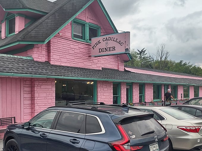 The Pink Cadillac's unmistakable exterior stands out like a flamingo in a penguin colony. This roadside gem beckons hungry travelers with its retro charm and promise of comfort food.