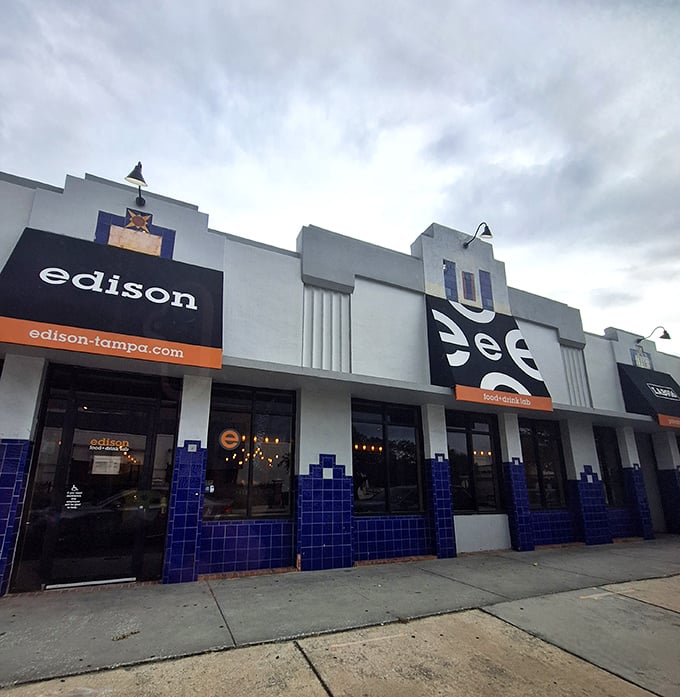 Edison's striking blue-tiled façade stands out in Tampa's dining landscape like a delicious hypothesis waiting to be tested.
