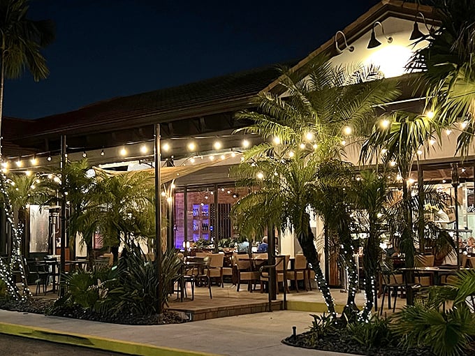 Twinkling lights and tropical ambiance create the perfect evening escape. This outdoor seating area whispers "vacation mode activated" even on a Tuesday night.