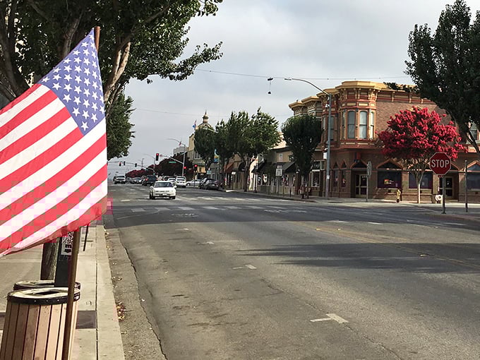 Downtown Hollister greets you with classic Americana charm – an American flag waves hello while historic buildings stand proudly against the California sky.