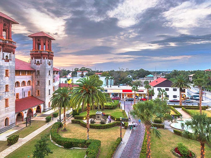 Sunset casts a golden glow over St. Augustine's Spanish-inspired towers, where history and beauty converge in Florida's oldest city.