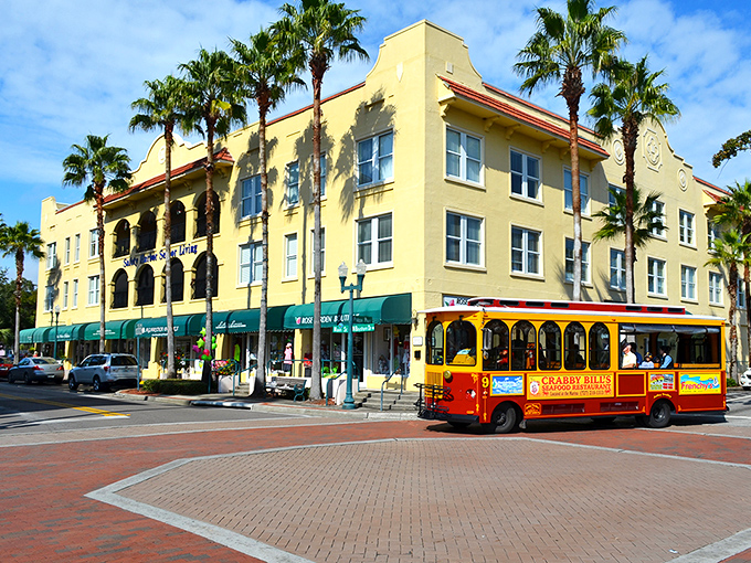 The sunny yellow façade of downtown Safety Harbor welcomes visitors with palm trees and a trolley that seems to say, "Slow down, you're on Florida time now."