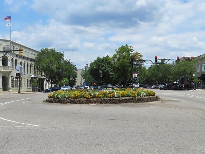 Downtown Aiken's flower-filled traffic circles aren't just pretty—they're practical reminders that beauty and function can coexist perfectly.