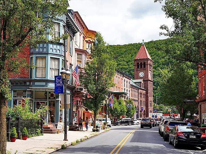 Broadway in Jim Thorpe looks like a film set where Victorian architecture meets small-town charm. The clock tower stands guard, making sure nobody rushes through this slice of preserved Americana.