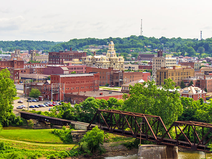 Zanesville's skyline showcases its architectural heritage with the golden-domed courthouse standing proudly among brick buildings that whisper stories of America's industrial past.