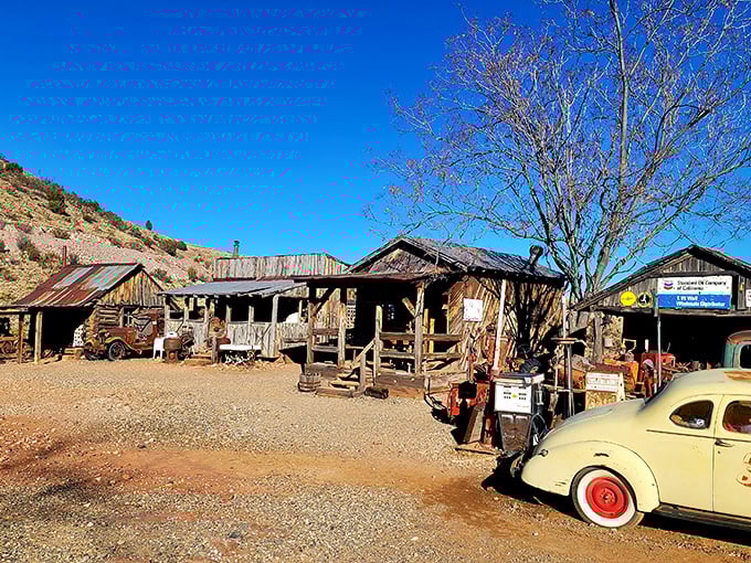 Rustic wooden structures and vintage vehicles tell Jerome's story better than any history book—the past is literally parked right outside.
