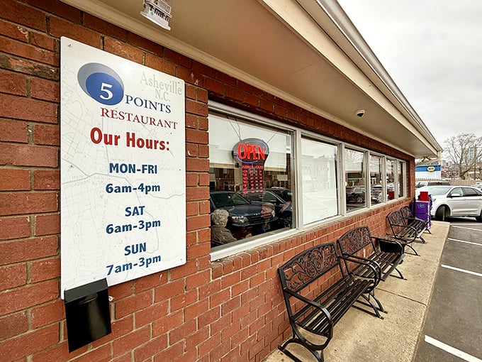 The brick facade of Five Points Restaurant stands as a humble invitation to one of Asheville's most beloved breakfast institutions. Those benches aren't just decoration—they're for the patient breakfast pilgrims.