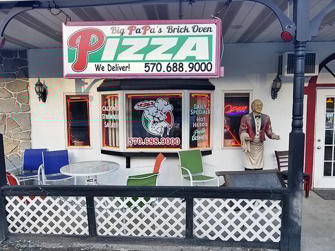 The classic Italian-American dream in brick and mortar. Big PaPa's welcoming exterior, complete with a charming waiter statue, promises pizza perfection in the Poconos.