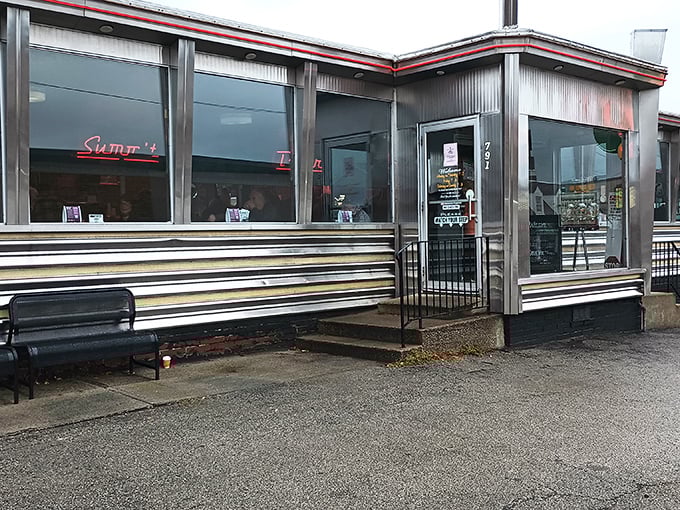 The gleaming stainless steel exterior of Summit Diner stands as a beacon of hope for hungry travelers—a chrome time machine promising delicious possibilities inside.