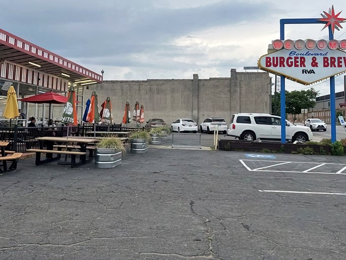 The retro-fabulous exterior of Boulevard Burger & Brew beckons with its vintage charm, promising a nostalgic feast that delivers on every level.