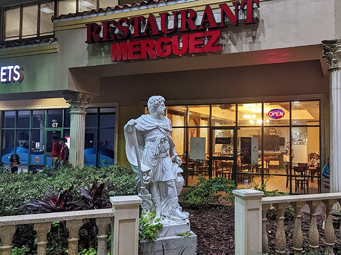 The Mediterranean-inspired façade of Merguez Restaurant stands out in Orlando like a delicious mirage, complete with classical columns and a welcoming stone balustrade.