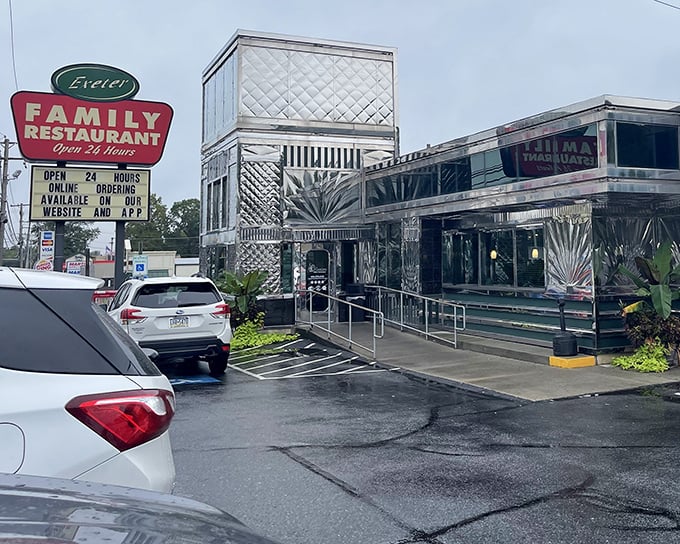 The gleaming chrome exterior of Exeter Family Restaurant shines like a beacon of hope for hungry travelers—a classic diner promising comfort in metallic splendor.