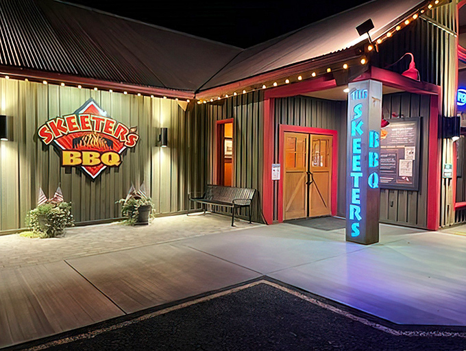 The neon glow of Skeeter's at dusk promises smoky treasures within. Like a BBQ lighthouse beckoning hungry travelers on Pennsylvania's culinary coastline.