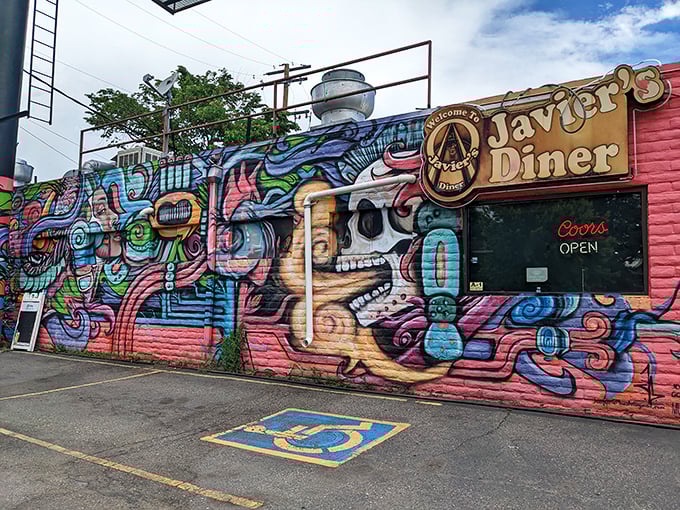The vibrant skull mural adorning Javier's exterior isn't just eye-catching street art—it's your first clue that this diner marches to its own delicious beat.