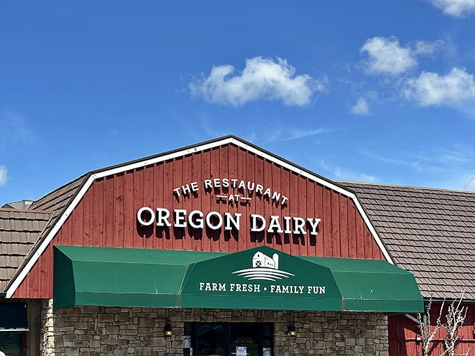 The iconic red barn exterior of Oregon Dairy Restaurant stands proudly against a blue Pennsylvania sky, promising farm-fresh comfort food that'll make your taste buds do a happy dance.